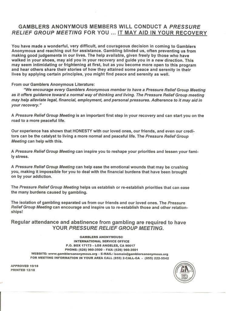 Pressure Relief Group Meeting Flyer - Gamblers Anonymous
